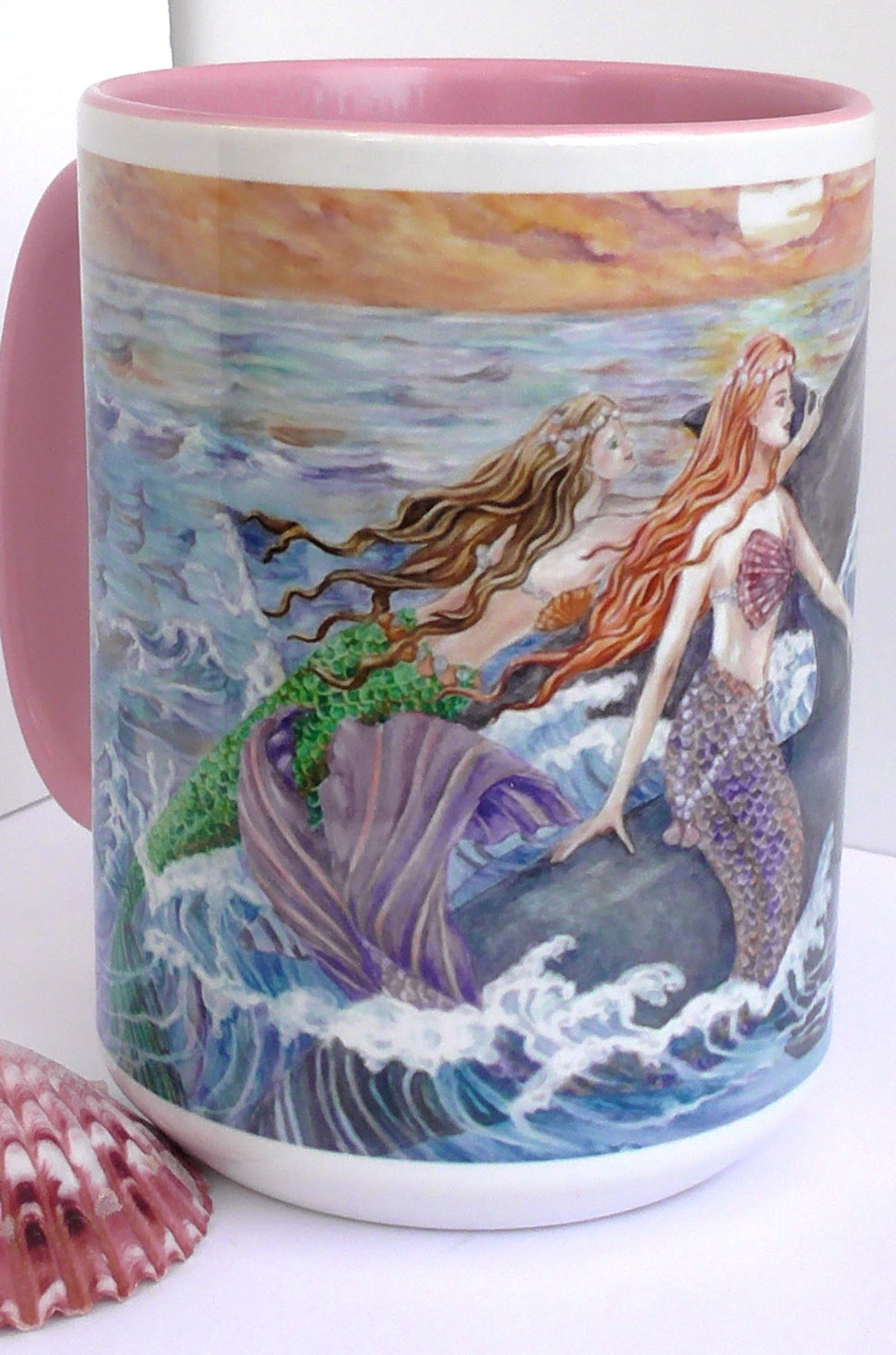 Ceramic Mermaids and Dolphins Design 15 Oz. Mug, Light Pink Handle - Etsy