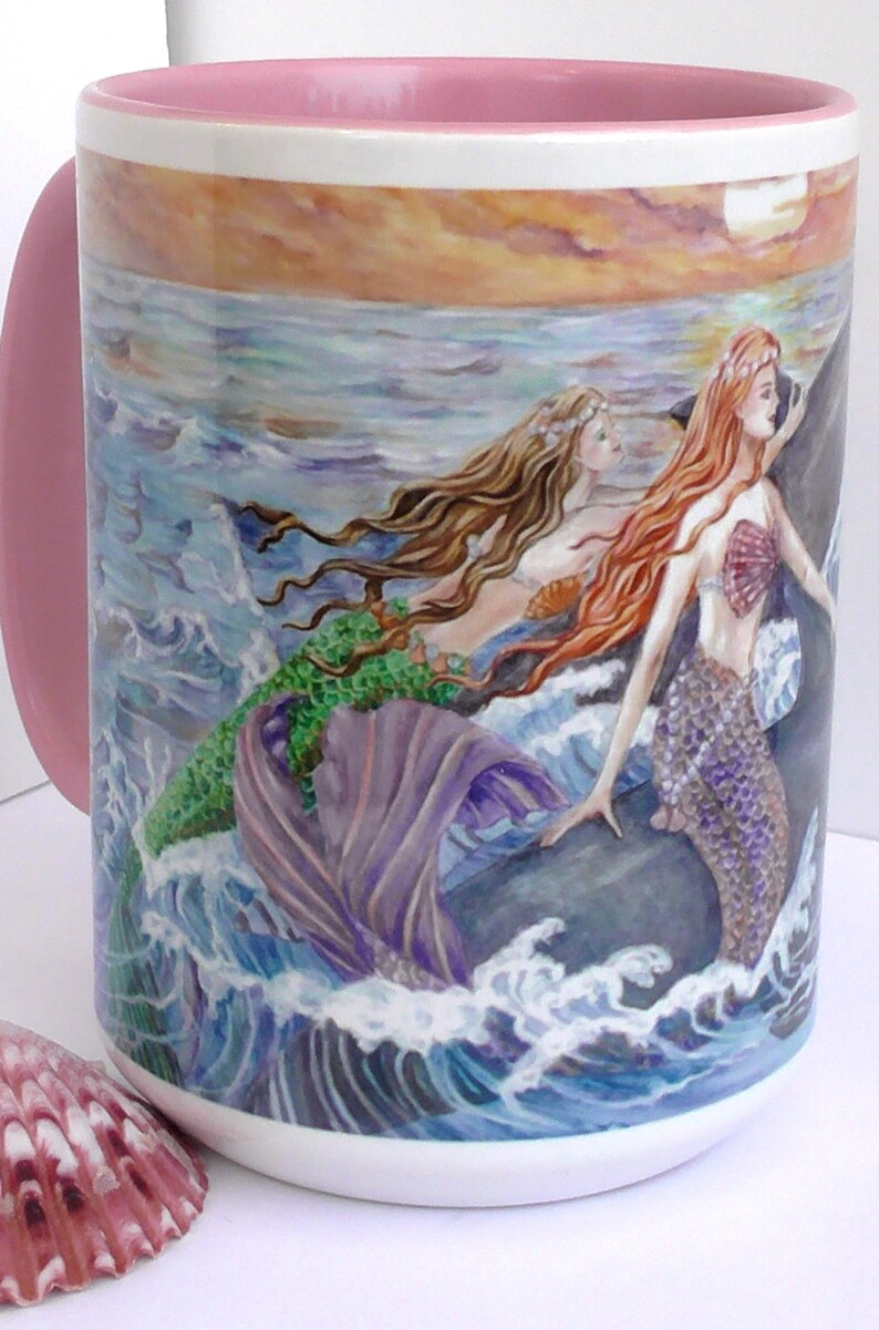 Ceramic Mermaids and Dolphins Design 15 Oz. Mug, Light Pink Handle - Etsy