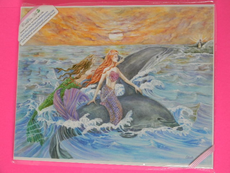 Mermaid Art, Purple, Green Mermaids and Dolphins Riding Waves Mermaid ...