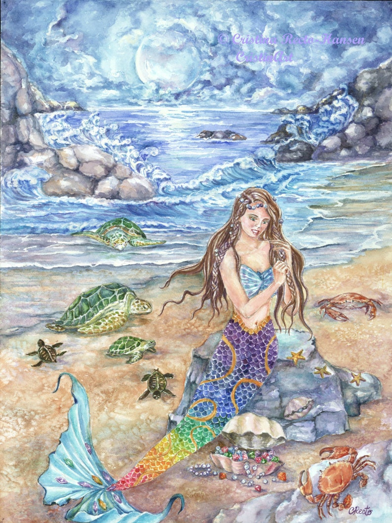 Mermaid Art, Moonlight, Rainbow-colored Tail, Indigo Skies Mermaid ...