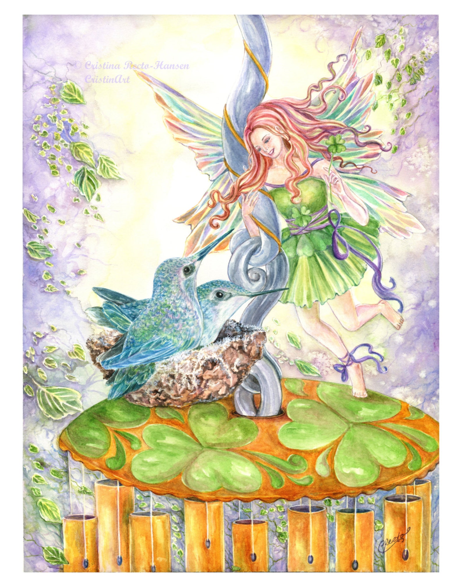 Fairy Art, Irish Fairy, Shamrock Fairy With Hummingbirds, St. Patrick's ...