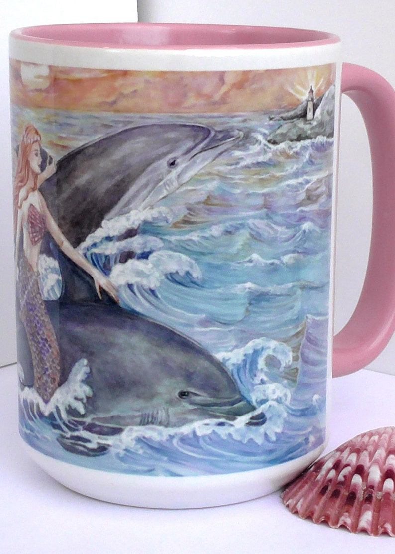 Ceramic Mermaids and Dolphins Design 15 Oz. Mug, Light Pink Handle - Etsy