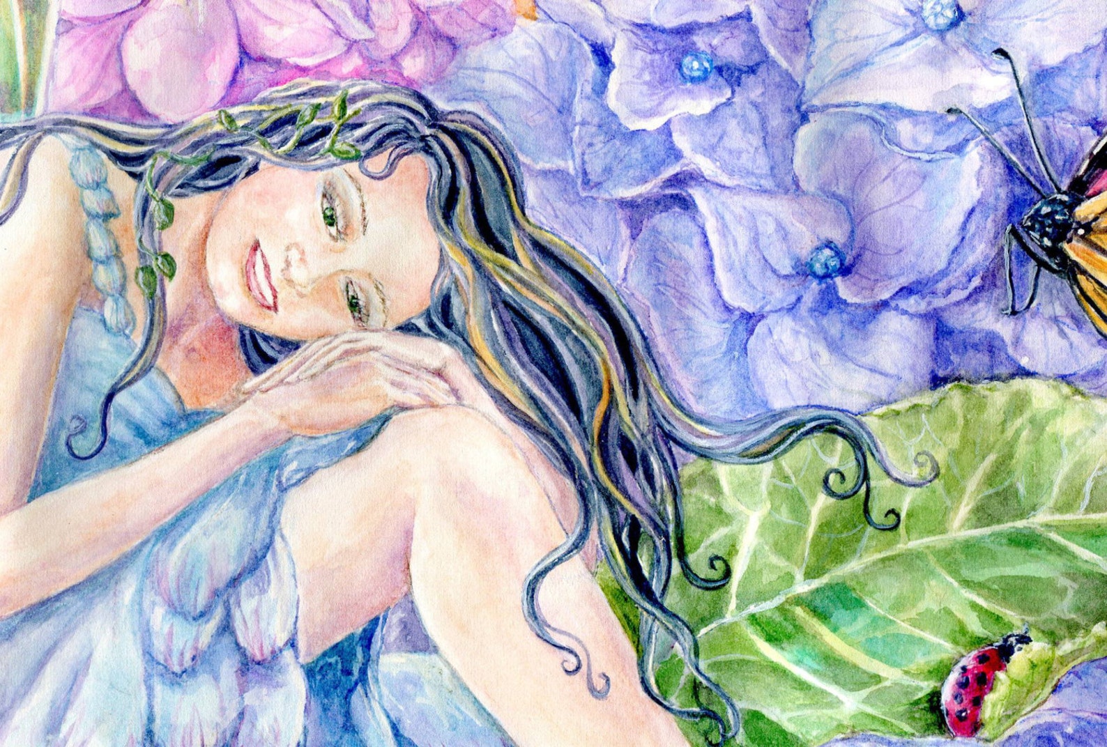 Fairy Art, Hydrangea Fairy With Monarch Butterflies, Lady Bug and ...