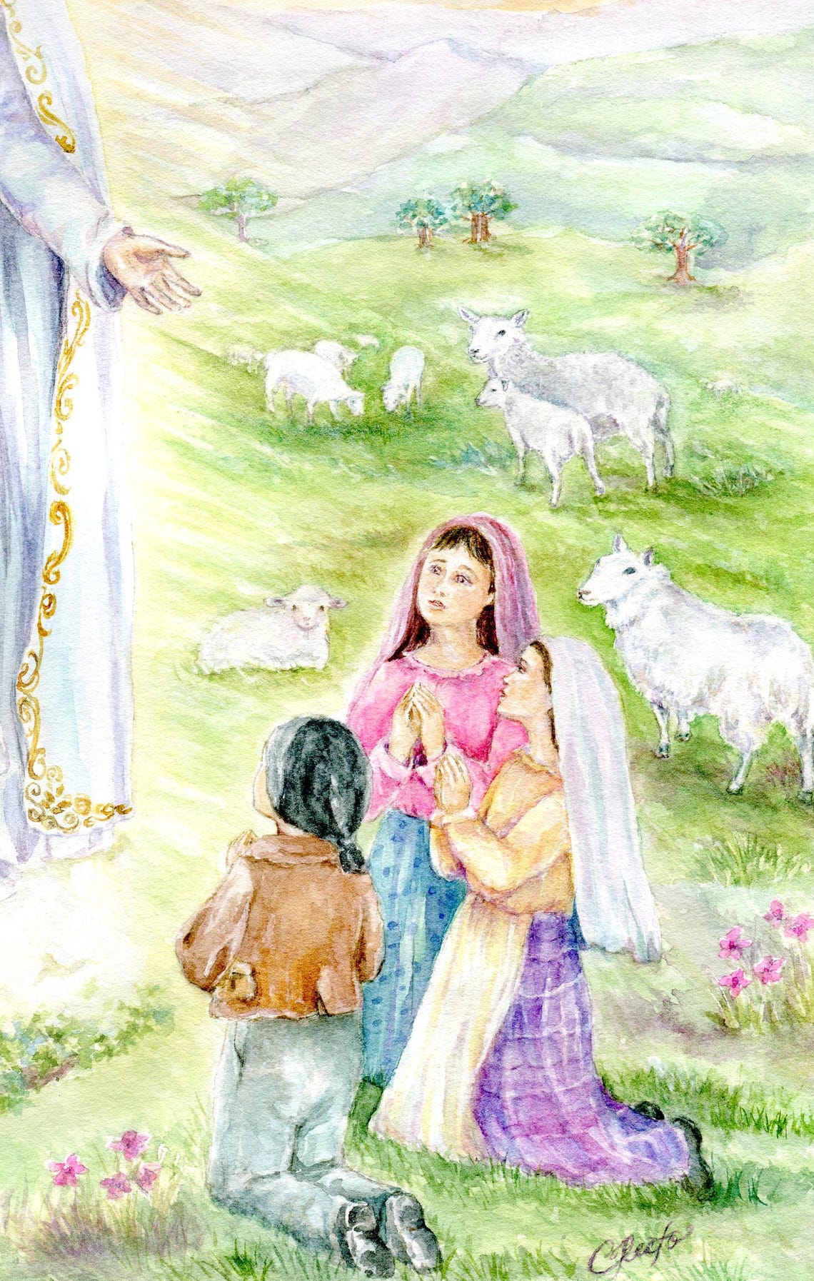 Religious Art, Our Lady of Fatima With the Three Peasant Children, Holy ...