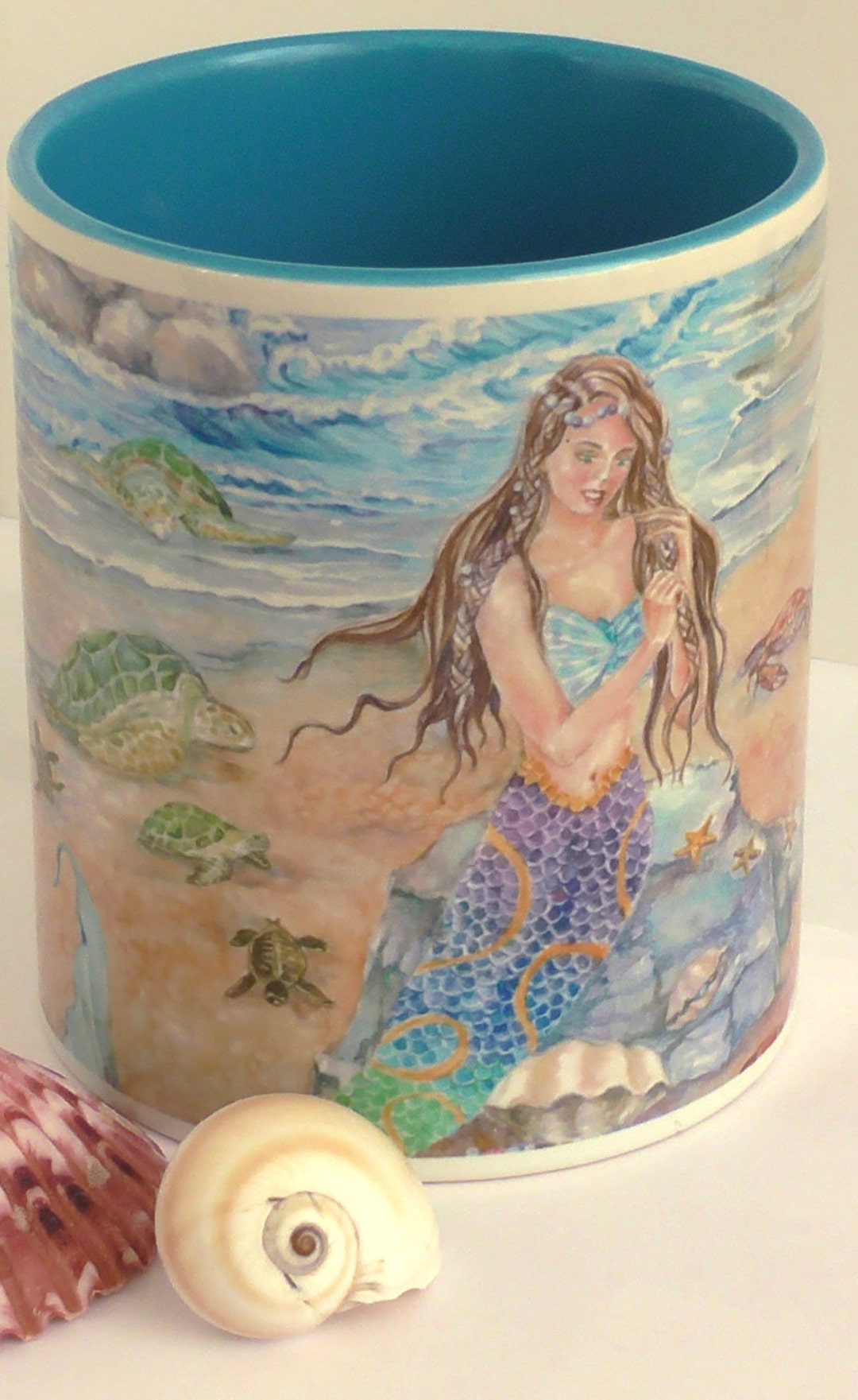 Ceramic Mermaid With Sea Turtles on Beach Design 11oz Mug, Light Blue ...