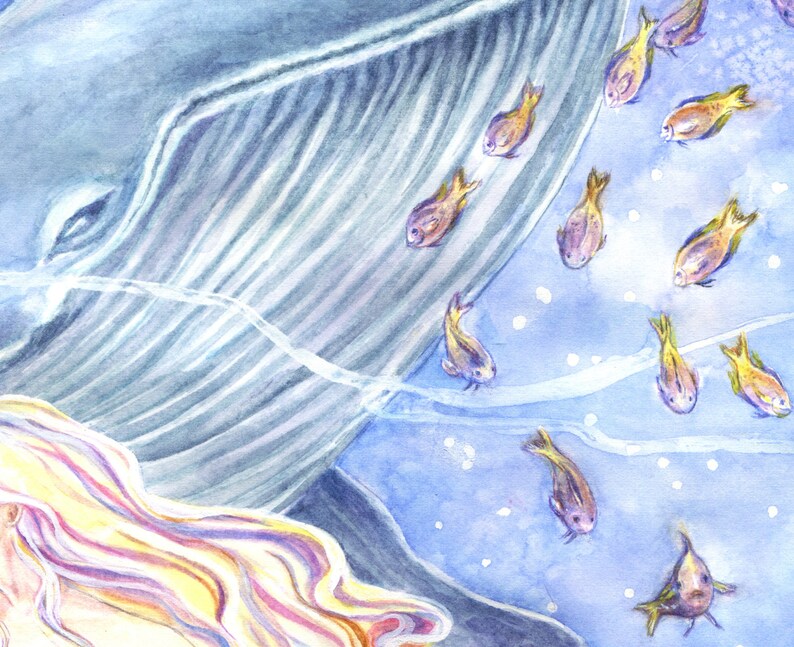 Mermaids Art Print, Atlantic Mermaid With Blue Whale Humpback Whale ...