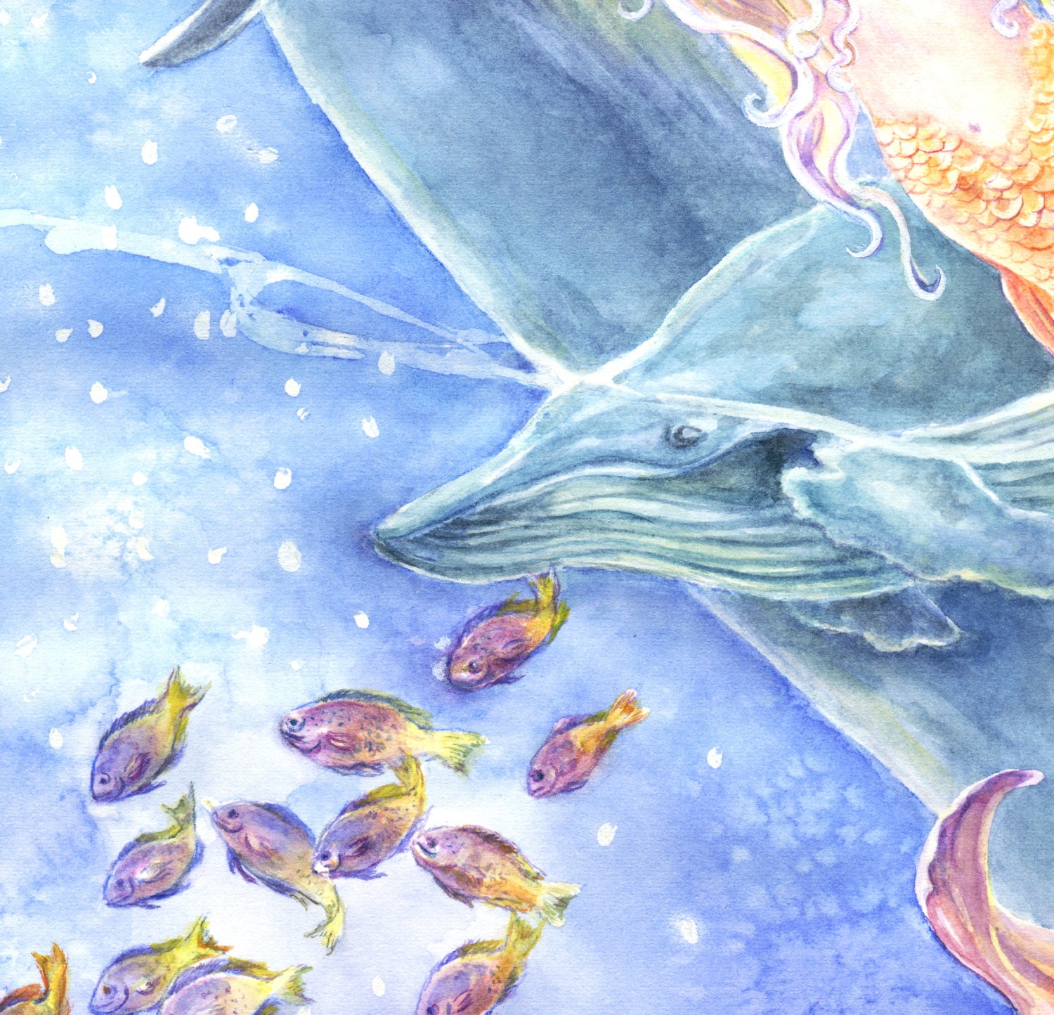 Mermaids Art Print, Atlantic Mermaid With Blue Whale Humpback Whale ...