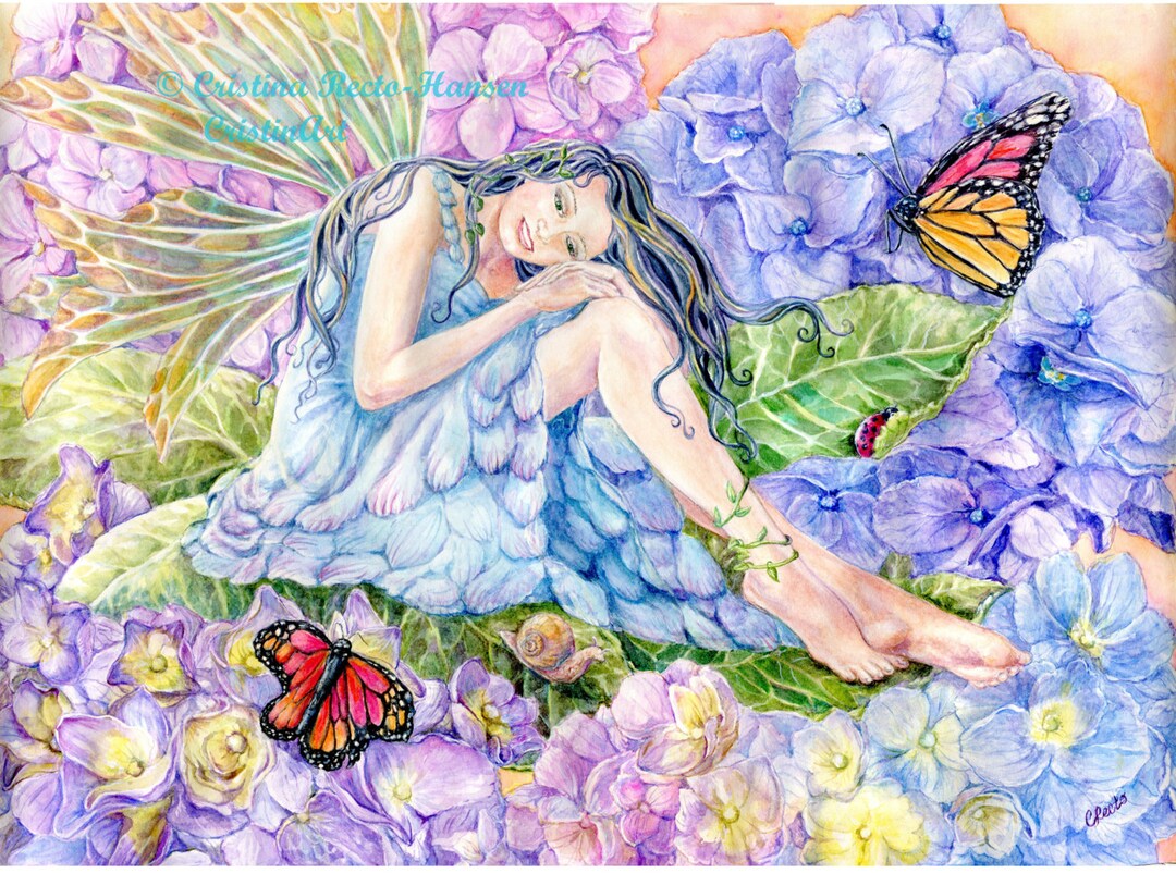 Fairy Art, Hydrangea Fairy With Monarch Butterflies, Lady Bug and ...