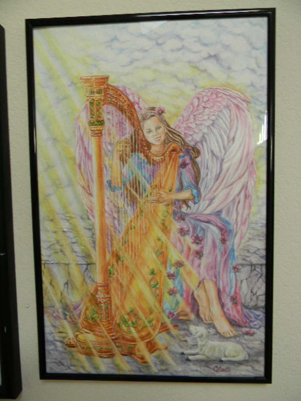 Angel Art, Angel Purple, Blue, Gold Playing a Golden Orchestral Harp ...