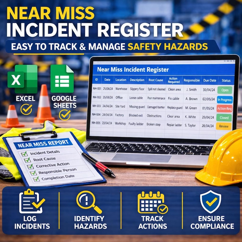 Near Miss Incident Register Spreadsheet | Health Safety Compliance Log ...