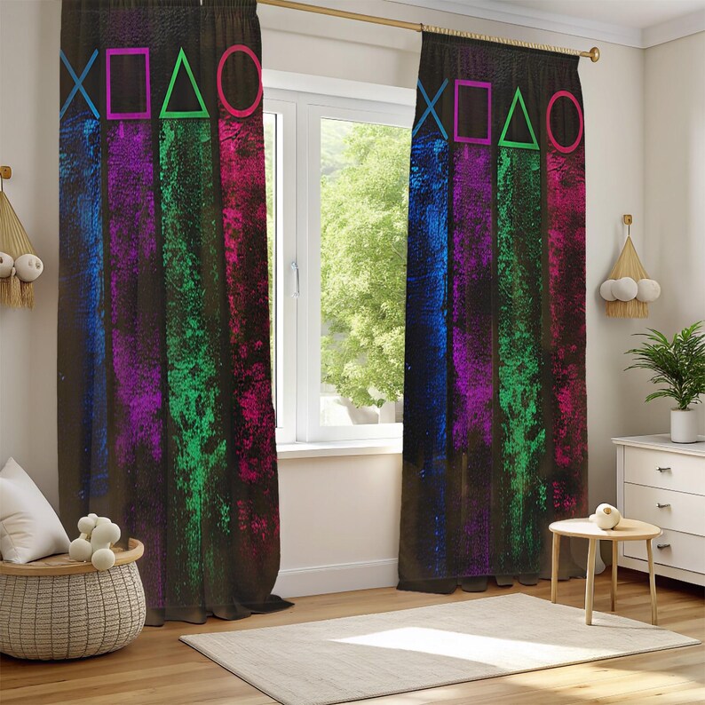 Neon Gaming Symbols Window Curtains, Colorful Geometric Icon Playroom ...