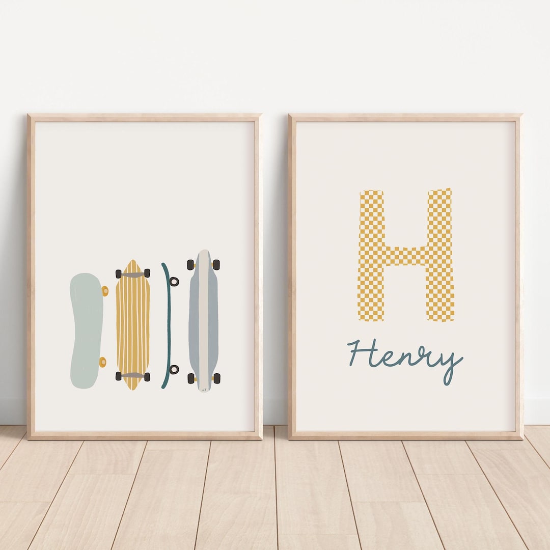 Personalized Skateboard Art Print Set, Cool Boy Room Wall Decor, Custom ...