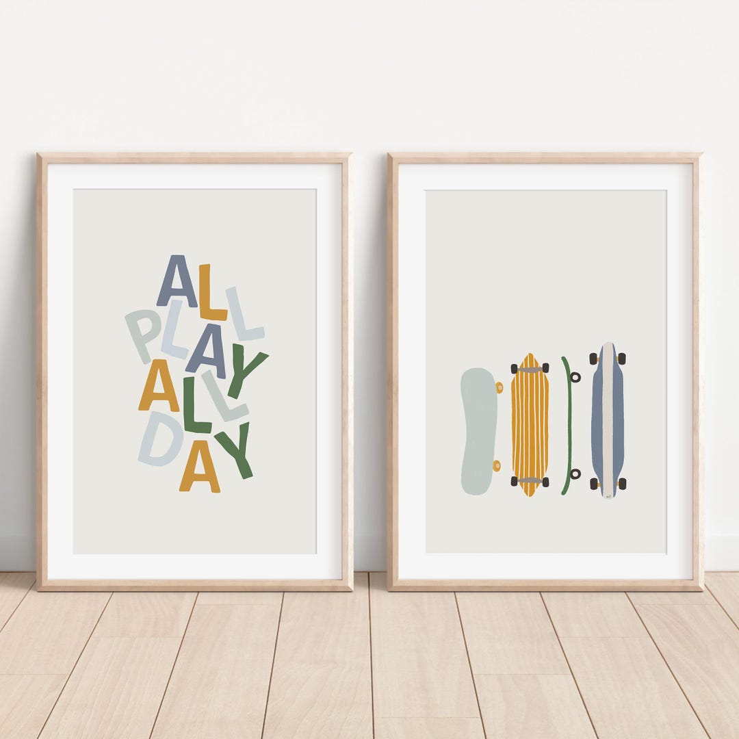Colorful Skateboards Set, All Play All Day Blue Yellow Green Wall Art ...