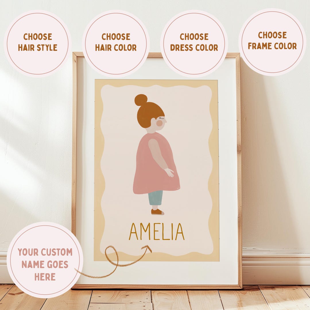 Personalized Girl Portrait Print, Custom Baby Name Art, Minimal Nursery ...