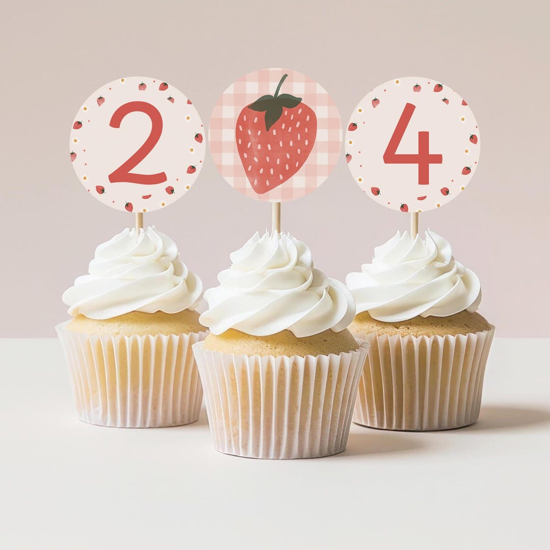 Berry Sweet Strawberry Cupcake Toppers, 1–9 Number Toppers, Gingham ...