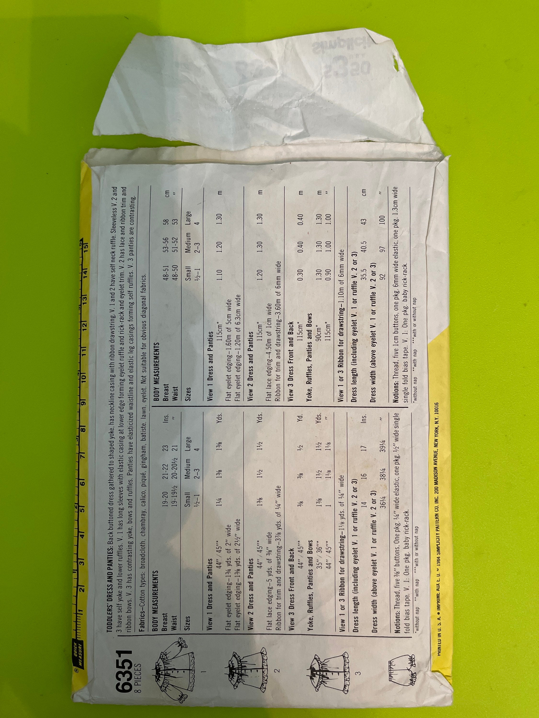 1984 Toddlers Dress and Panties Simplicity Pattern 6351 - Etsy