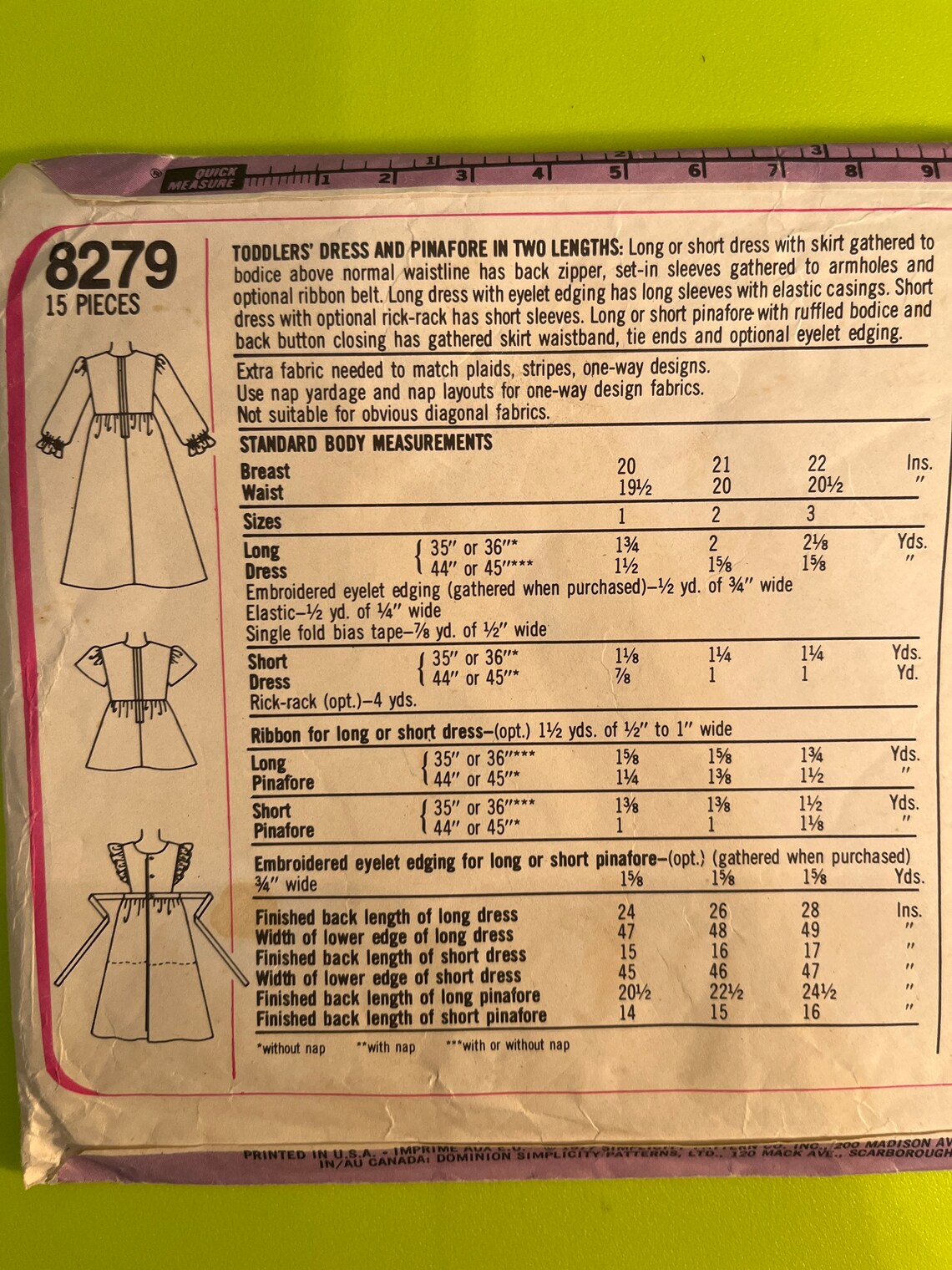 1977 Toddlers Dress and Pinafore - Simplicity Pattern 8279 - Etsy