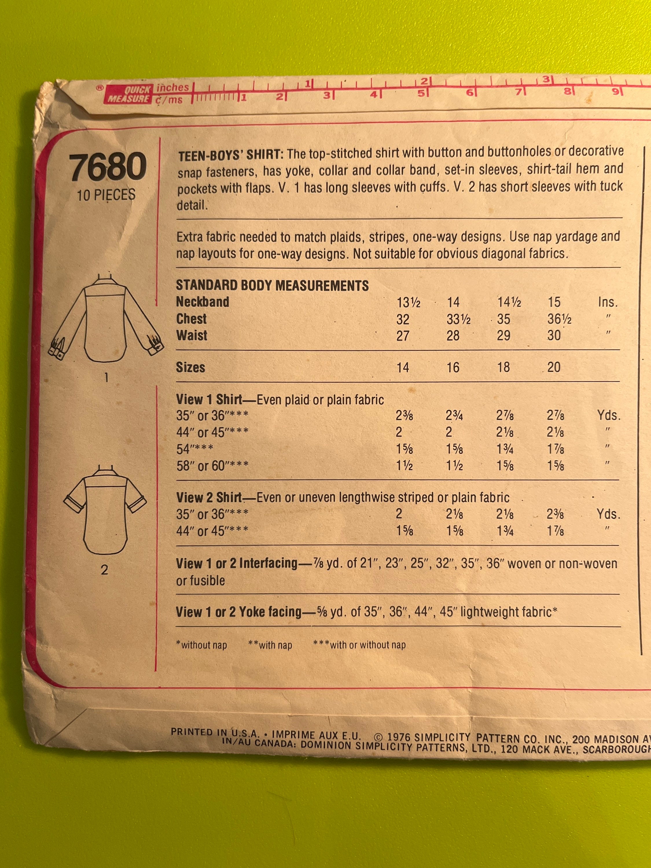 1976 Teen or Boys’ Shirt - Simplicity Pattern 7680 -size 20 - Etsy