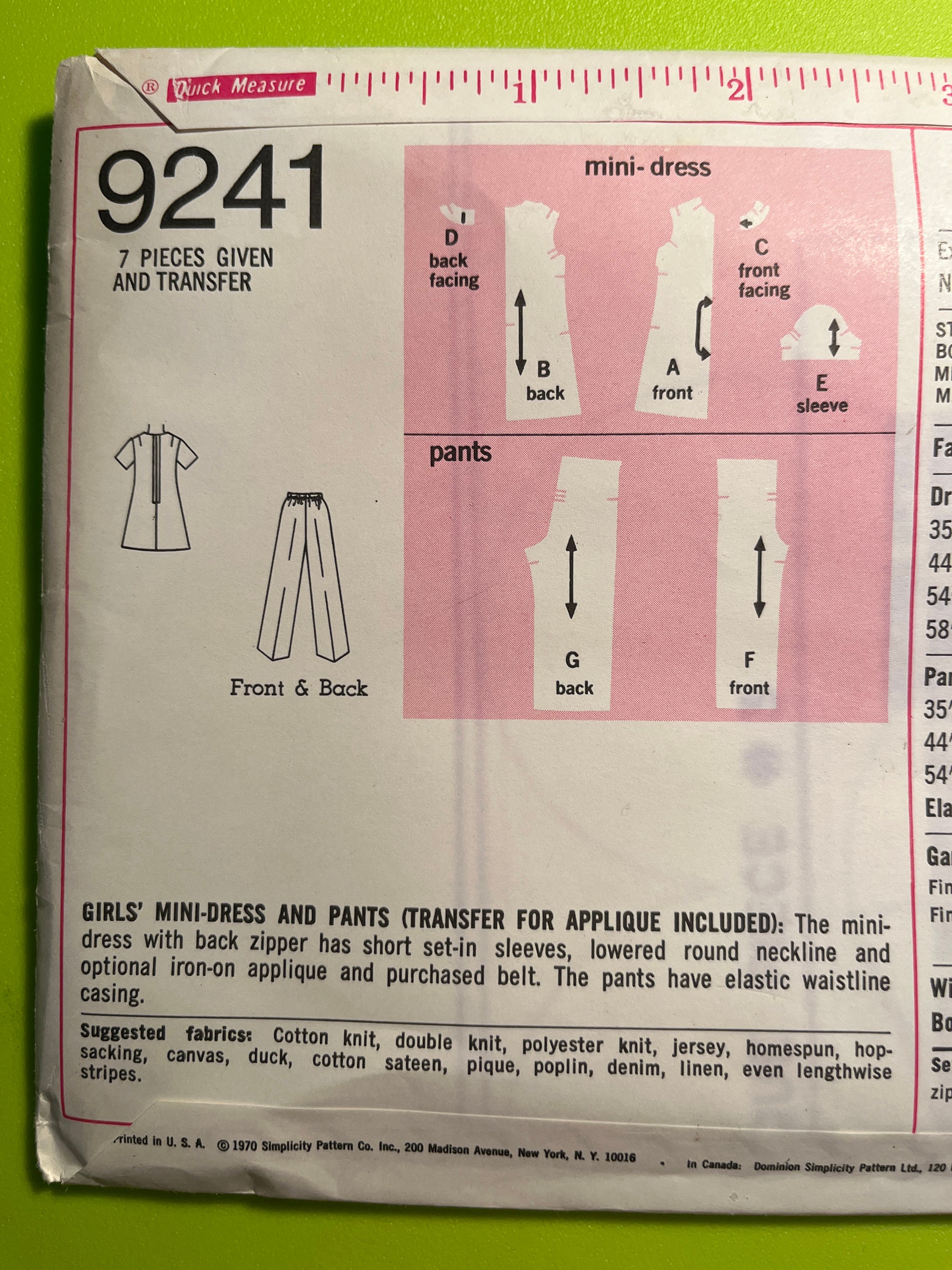 1970 Girls Mini-dress and Pants Simplicity Pattern 9241 Size 7 - Etsy