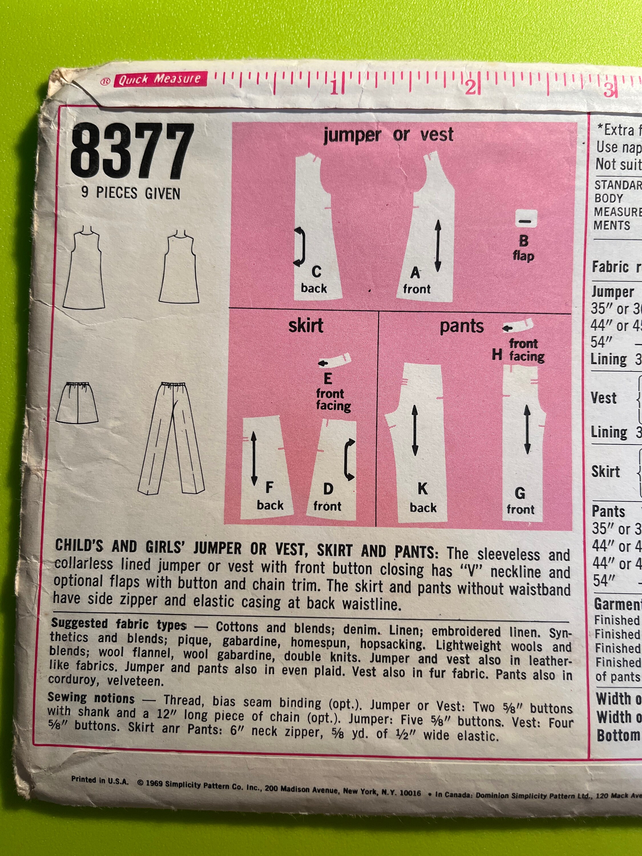 1969 Childs and Girls Jumper or Vest, Skirt and Pants - Simplicity ...