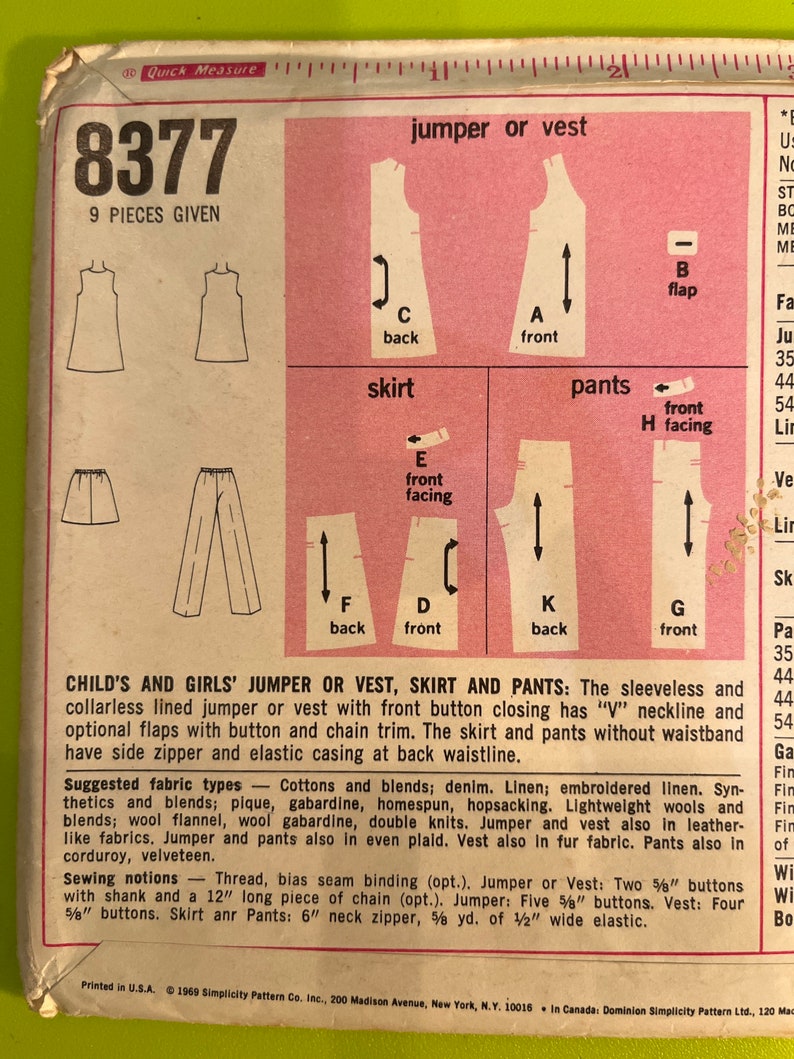 1969 Childs and Girls Jumper or Vest, Skirt and Pants Simplicity ...