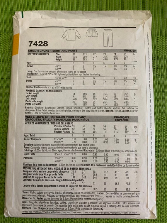 Kits & How To Skirt snd Pants Pattern 7428 1996 Simplicity Toddlers or ...