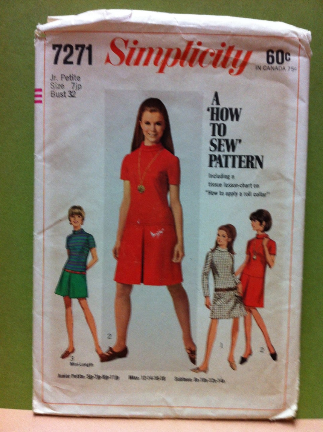 1967 Simplicity Dress With Roll Collar and Optional Mini-skirt Pattern ...