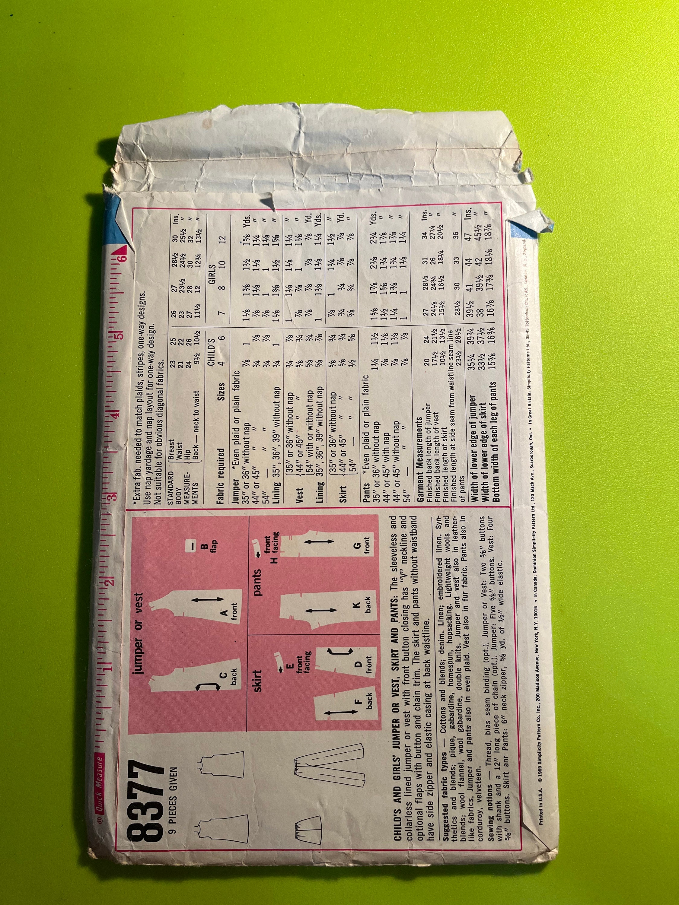 1969 Childs and Girls Jumper or Vest, Skirt and Pants - Simplicity ...