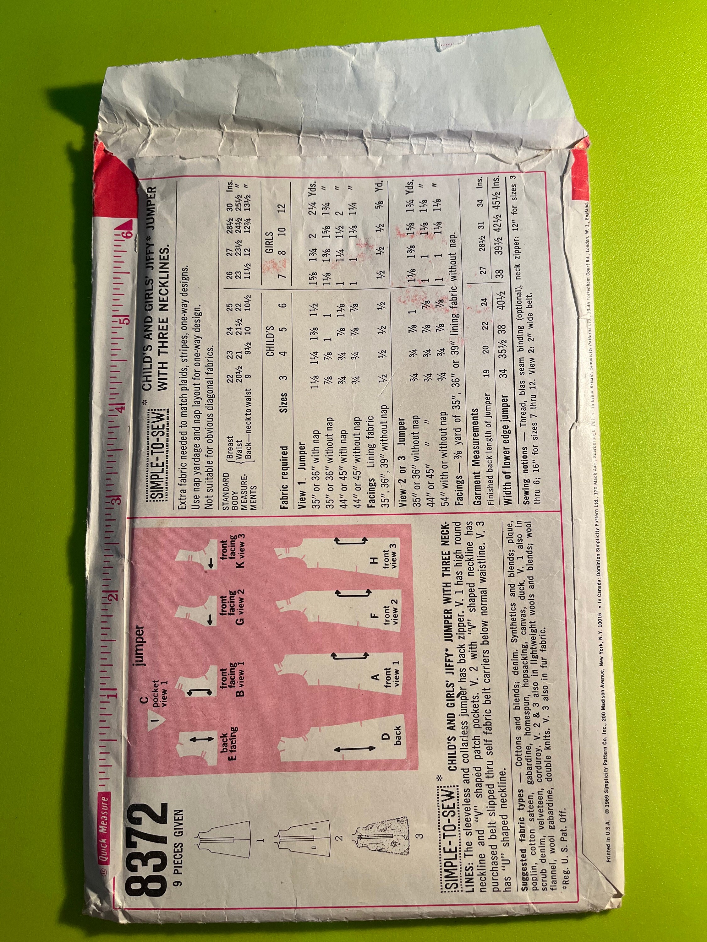 1969 Childs and Girls Jiffy Jumper - Simplicity Pattern 8372 - Size 10 ...