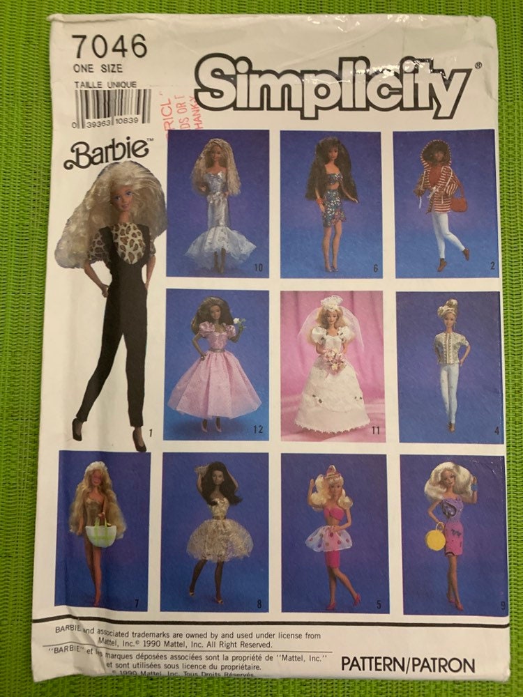 1990 Simplicity Barbie Doll Wardrobe Pattern 7046 - Etsy