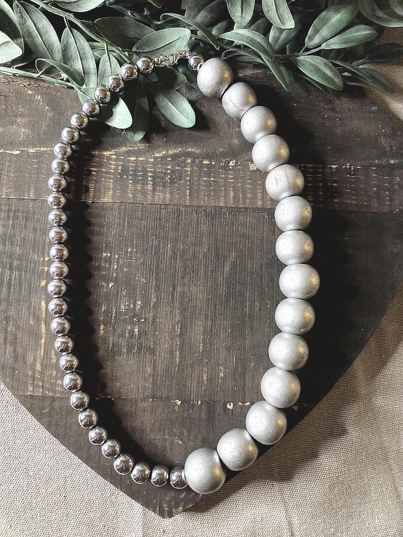 Wood and Hematite Necklace, Split Design, Silver Asymmetrical Unisex ...