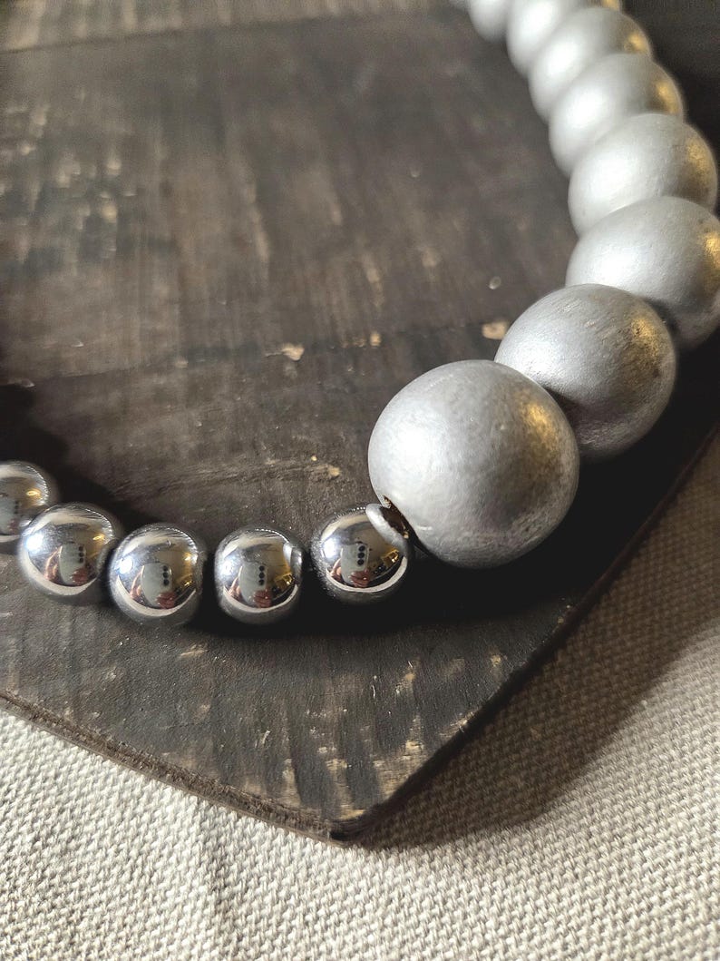 Wood and Hematite Necklace, Split Design, Silver Asymmetrical Unisex ...