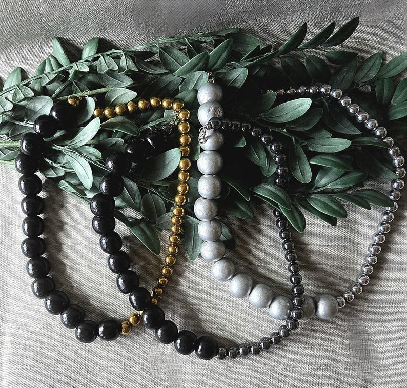 Wood and Hematite Necklace, Split Design, Silver Asymmetrical Unisex ...