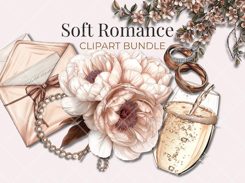 Soft Romance Clipart Bundle, Blush Pink Wedding Invitation Graphics ...