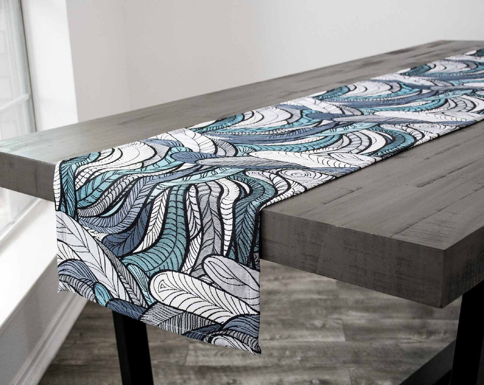 Chenille Gray and Teal Blue Feather Table Runner Dresser - Etsy