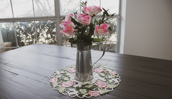 Embroidered Bright Pink Victorian Roses on Ivory Fabric - Etsy