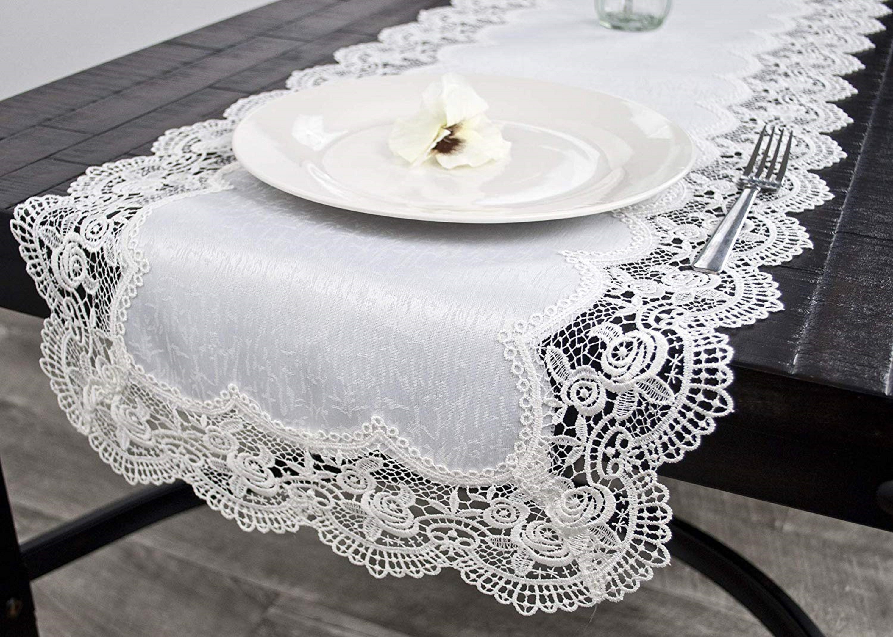 Elegant Royal Wedding Lace Rose on White Jacquard Table Linen | Etsy