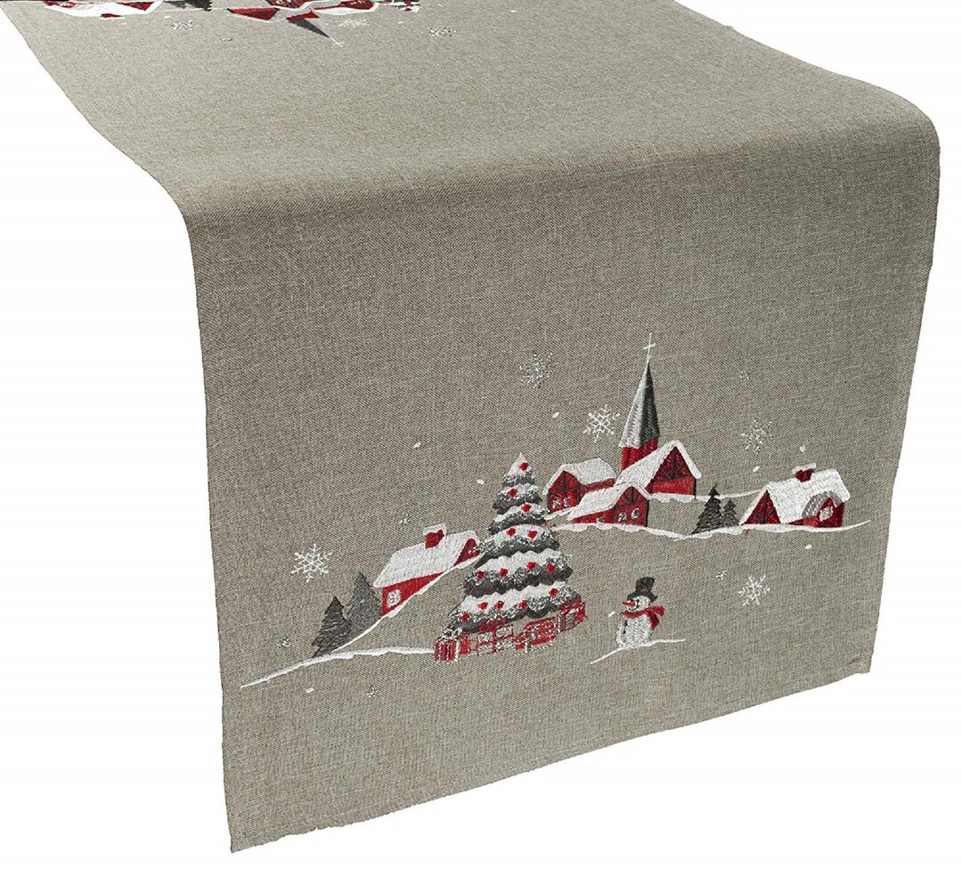 Embroidered Christmas Outdoor Snowman Scene Table Runner, Table Topper ...