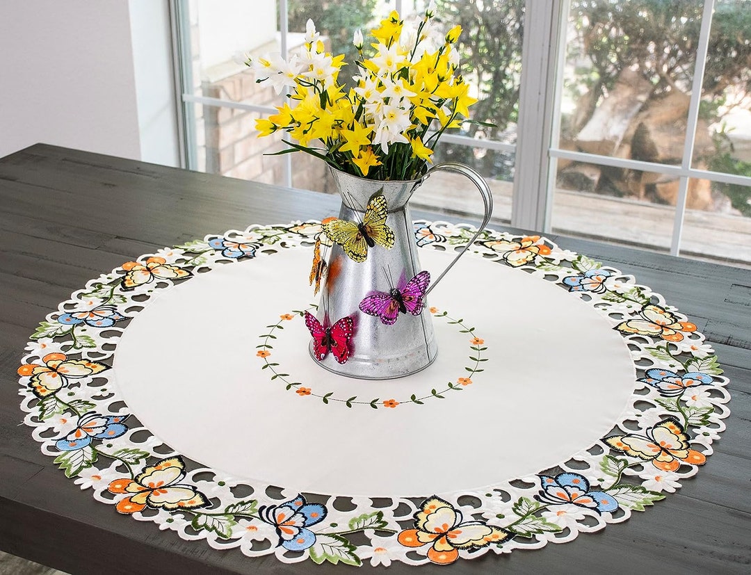 Embroidered Colorful Cutwork Butterfly on Ivory Round Doily and Oval ...