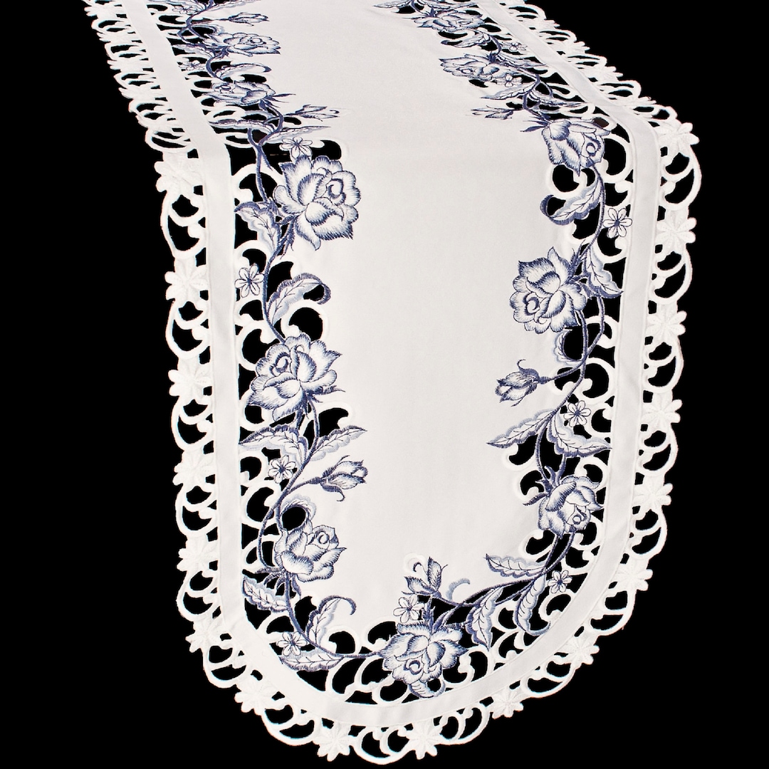 Embroidered Dutch Blue Rose Table Runner on White - Etsy