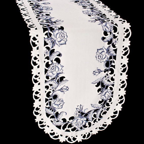 Embroidered Dutch Blue Rose Table Runner on White - Etsy