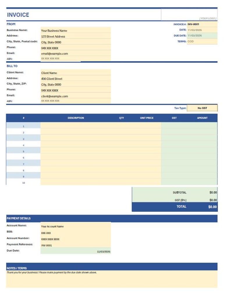 Excel Invoice Template - Etsy