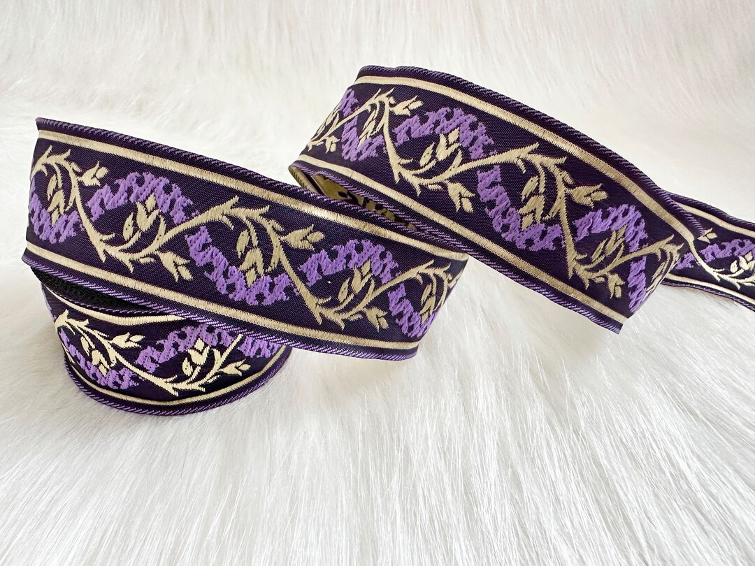 35 Mm - 1.25" Lilac&gold Jacquard Border, Embroider Jacquard Ribbon ...