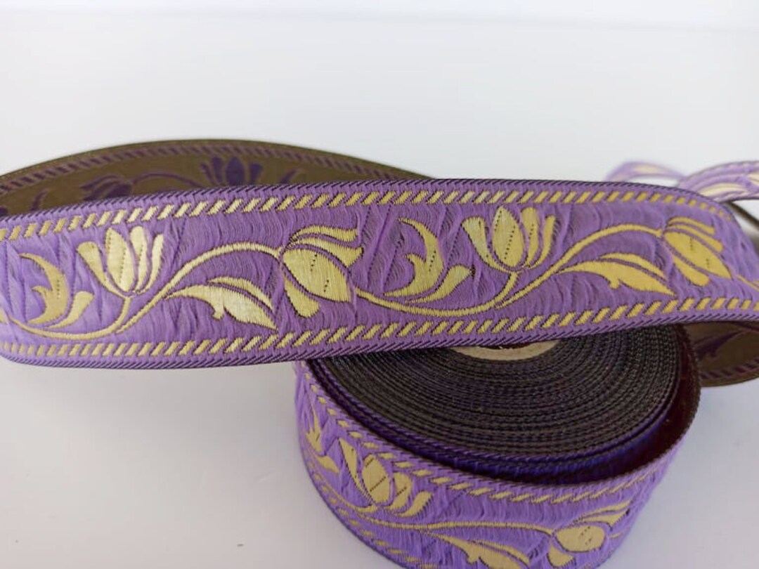 35 Mm - 1.25" Lilac&gold Jacquard Border, Embroider Jacquard Ribbon ...