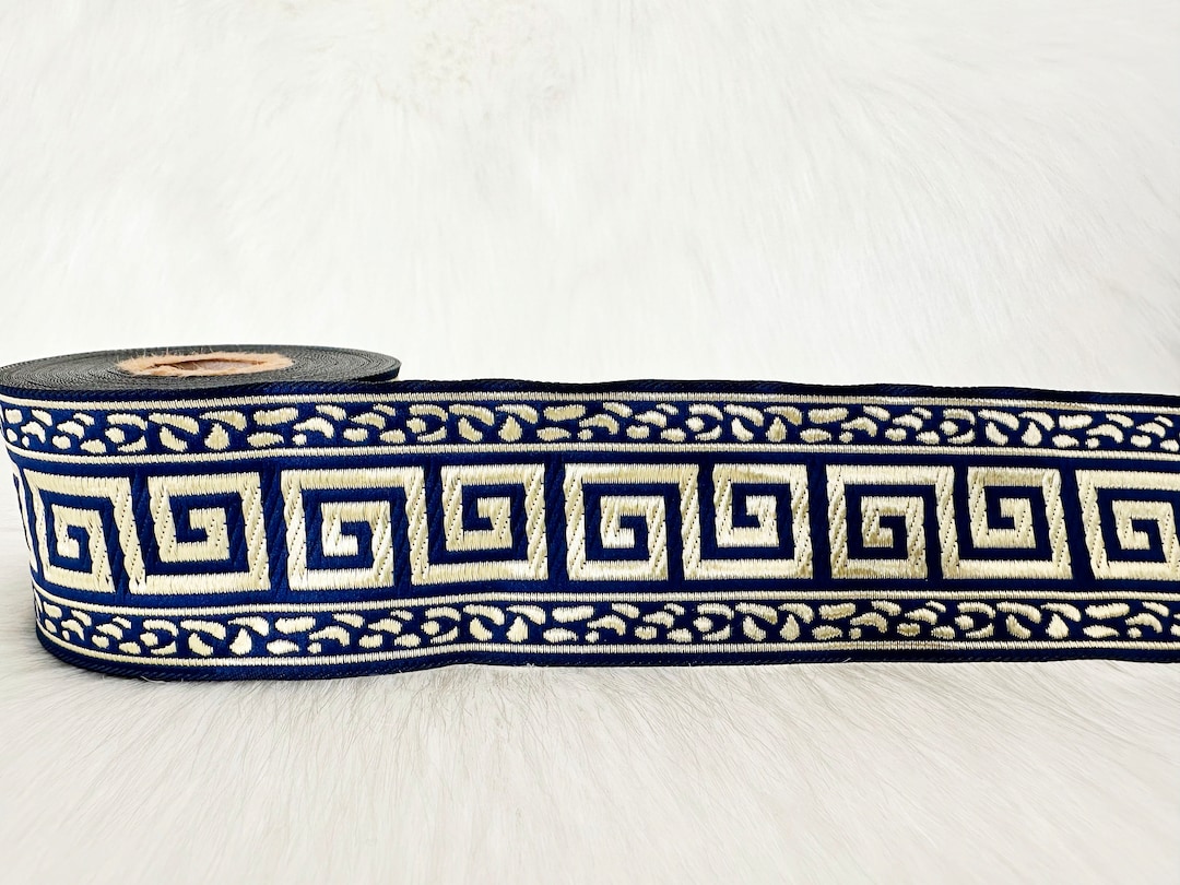 50mm (2 Inches) Navy Blue Jacquard Trim With Metallic Gold Greek Key by ...
