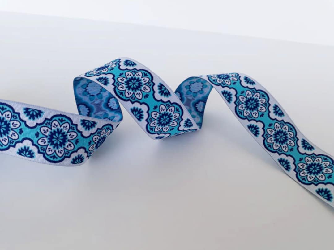 25mm-1 Inch Blue and White Florwer Ribbon, Craft Border Trim, Jacquard ...