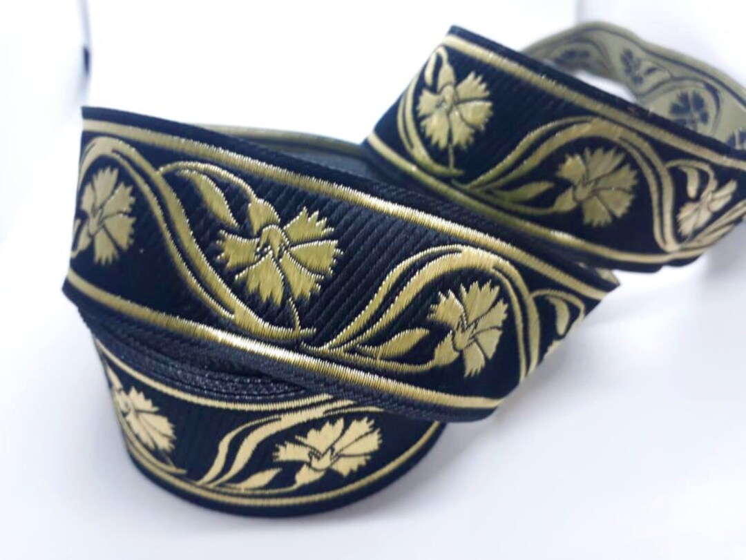 35 Mm 1.25 Black and Gold Jacquard Ribbon, Floral Embroidered Woven ...