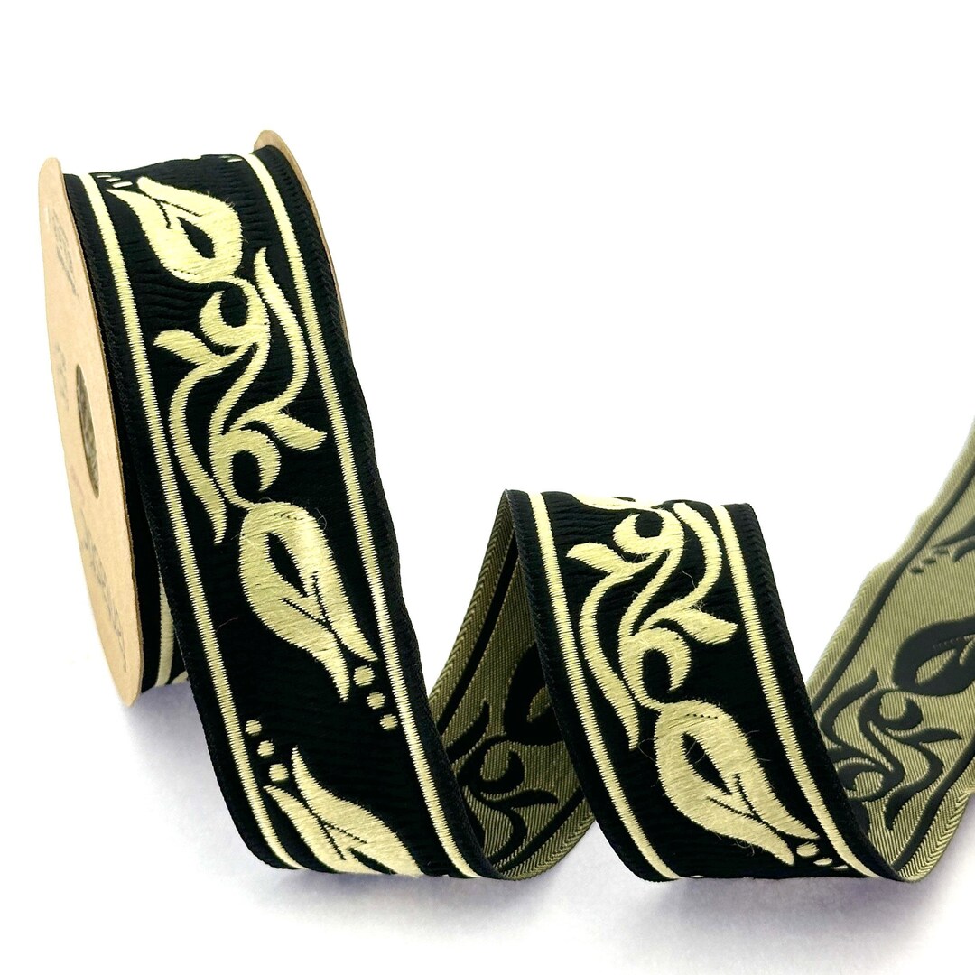 35 Mm 1.25 Black&gold Jacquard Border, Embroider Jacquard Ribbon, Tulip ...