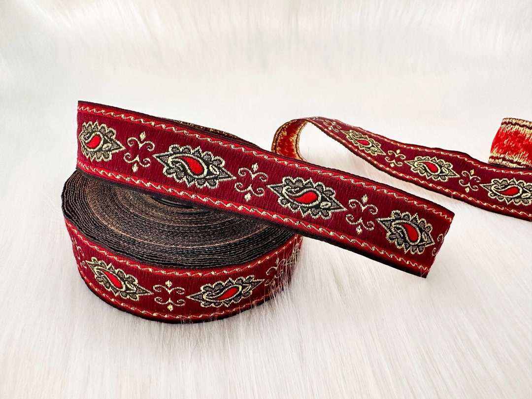 25mm-1 Inch Red and Gold Tears Pattern Jacquard Ribbon, Woven Border ...