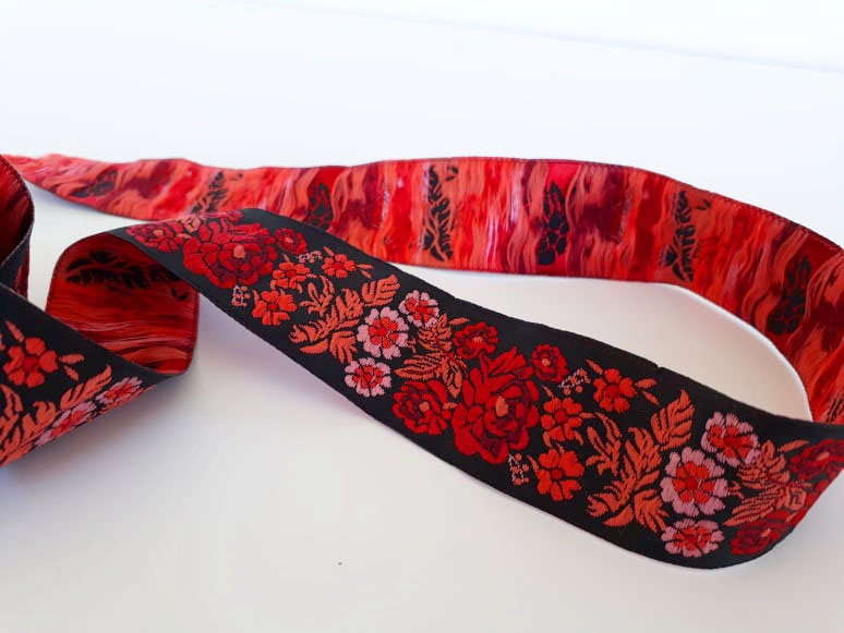 35 Mm 1.25 Red&black Flower Jacquard Ribbon Flower | Etsy